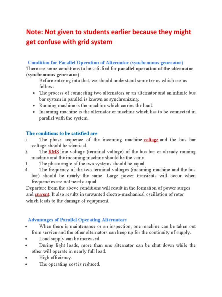 Condition For Parallel Operation of Alternator | PDF