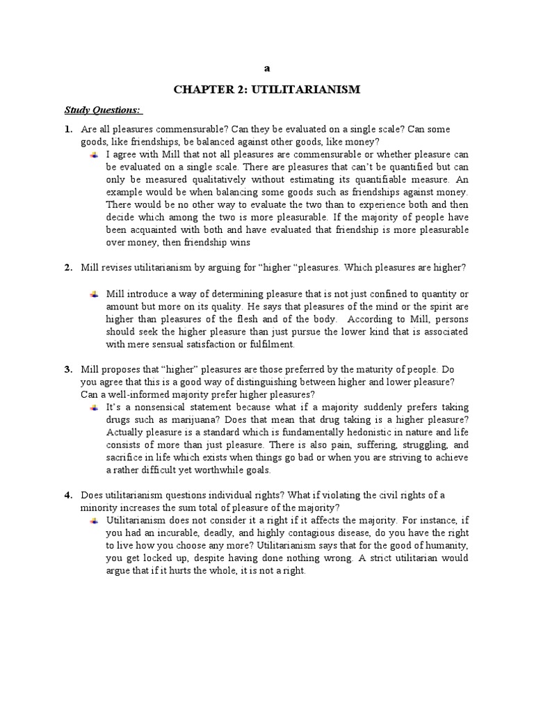 A Chapter 2: Utilitarianism: Study Questions | PDF | Utilitarianism | Good And Evil