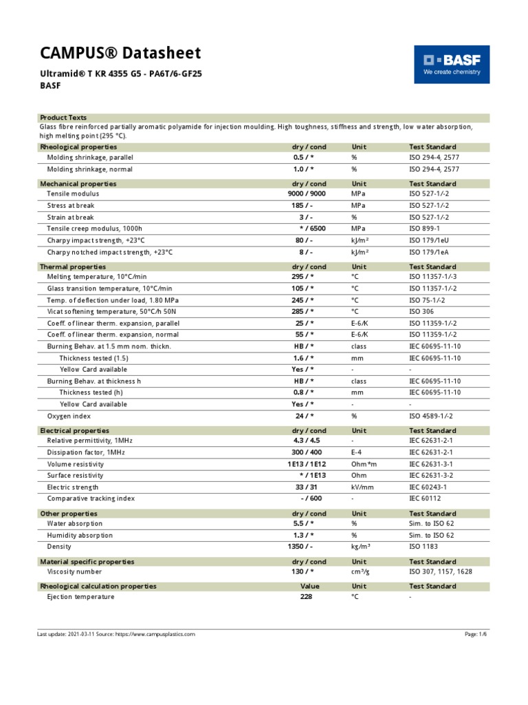 CAMPUS® Datasheet: Ultramid® T KR 4355 G5 - PA6T/6-GF25 Basf | PDF ...