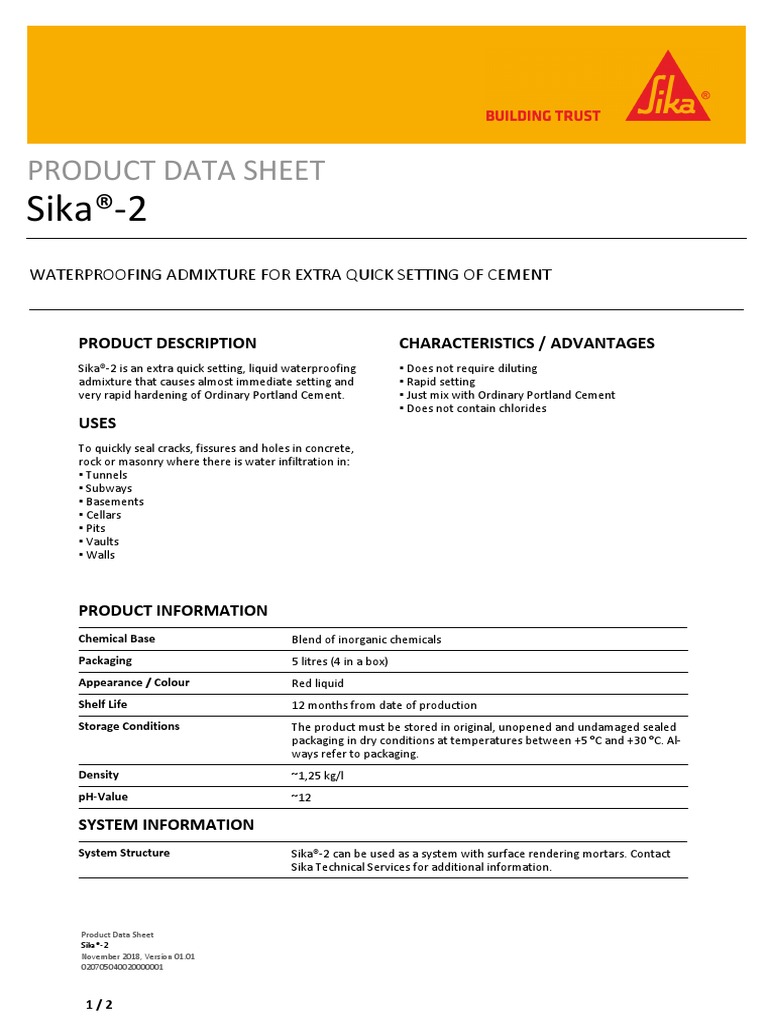Sika®-2: Product Data Sheet | Download Free PDF | Concrete | Cement