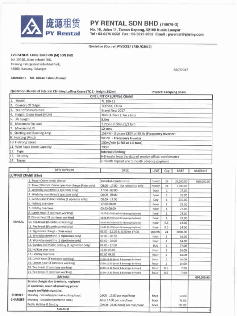 Quotation For Rental of Luffing Crane - TC3 | PDF