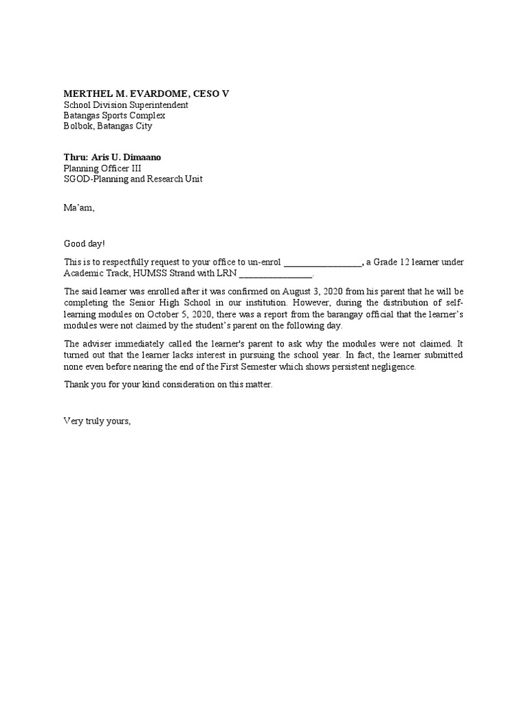 Sample Letter For Un Enrolment of Learner | PDF