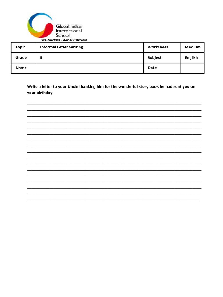 Grade 3 English Informal Letter Worksheet Medium - S | PDF