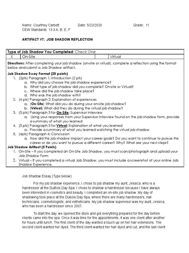 Courtney Carbett Career Artifact 7 Job Shadow Reflection | PDF | Human ...