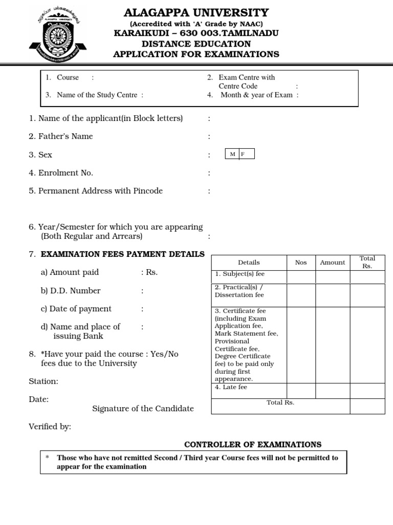 Alagappa University Distance Exam Application | PDF | Test (Assessment ...