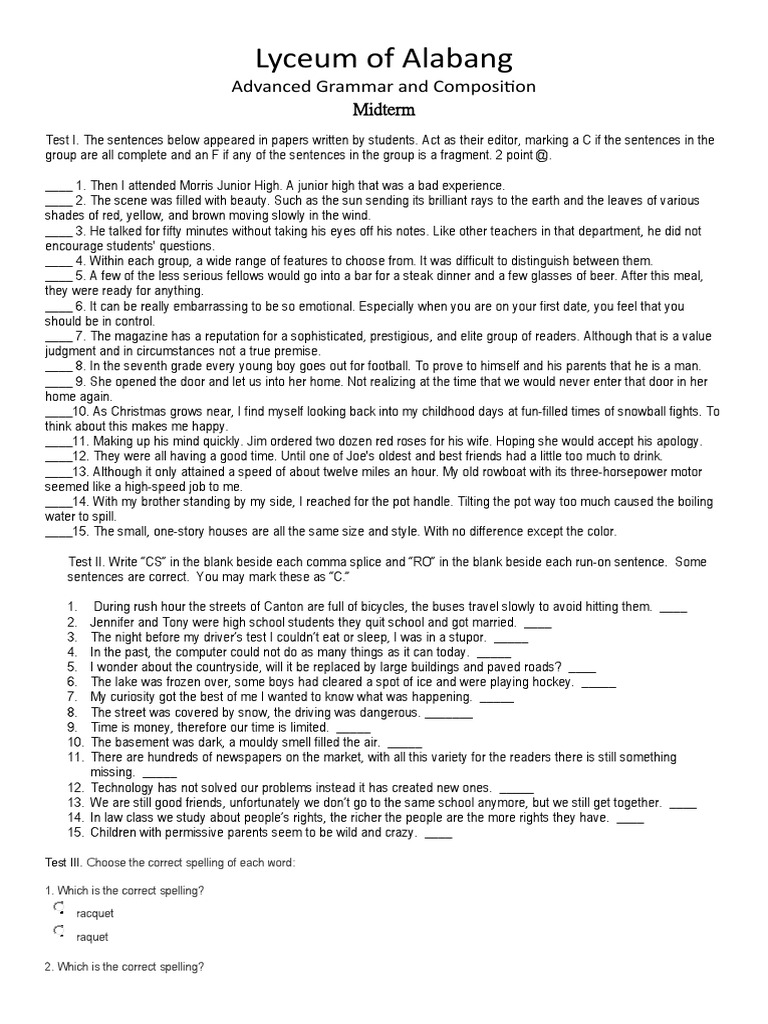 Advance Grammar Summer Test For English | PDF