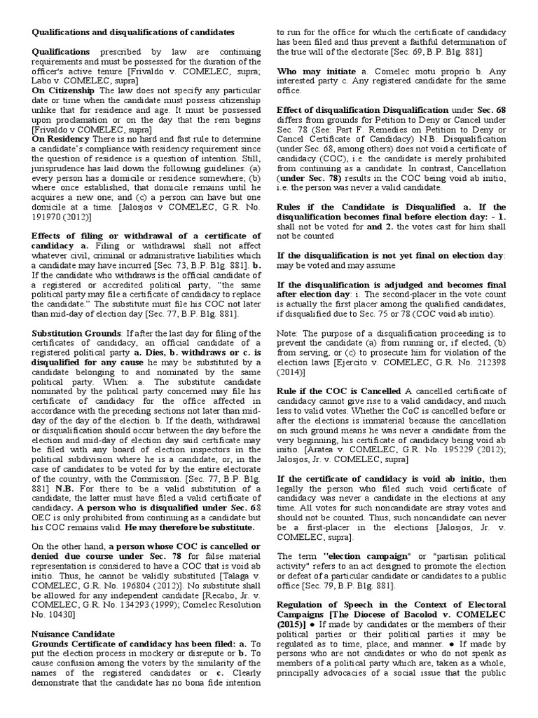 Qualifications and Disqualifications of Candidates | PDF | Elections ...