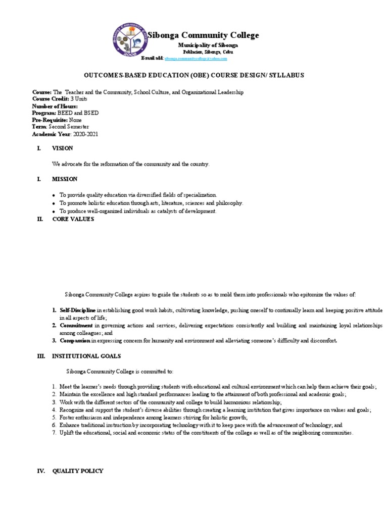 Sibonga Community College: Outcomes-Based Education (Obe) Course Design ...