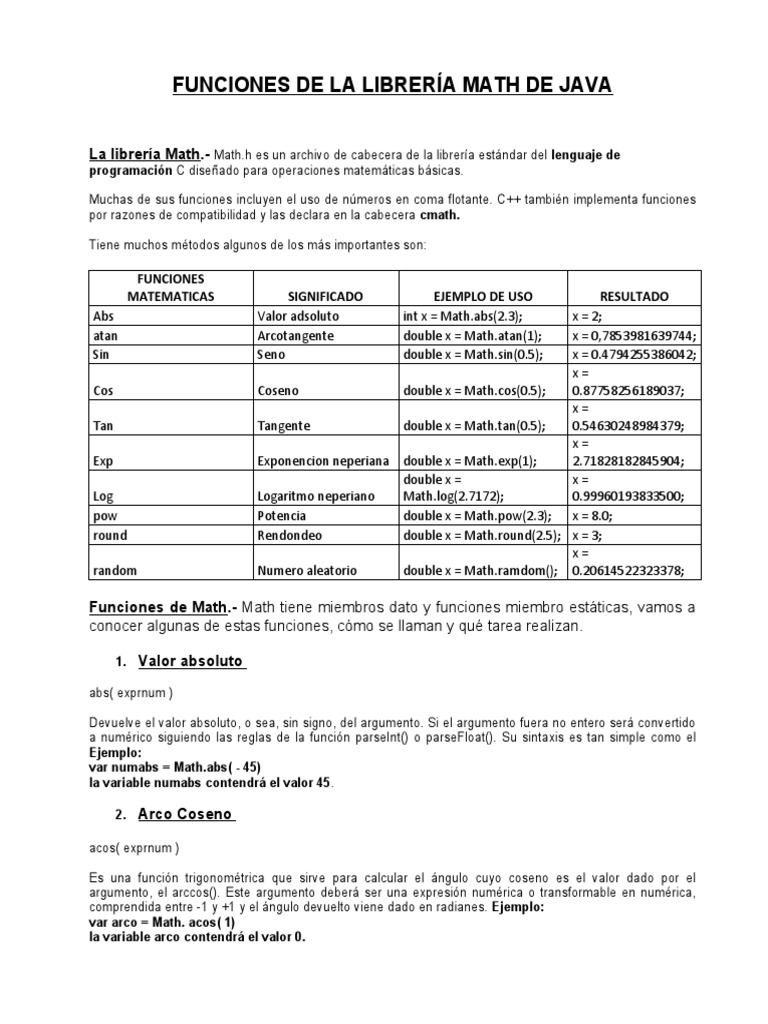 Funciones de La Librería Math de Java | PDF | Funciones trigonométricas | Trigonometría