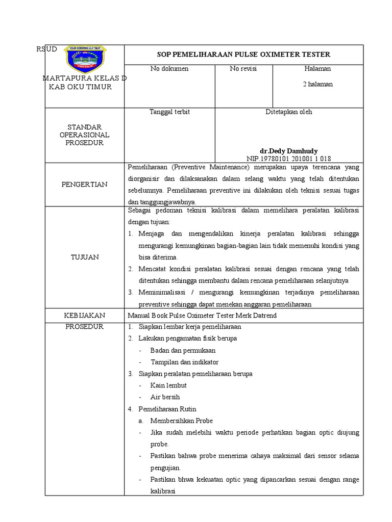 SOP Pemeliharaan Spo2 | PDF | Teknologi & Rekayasa