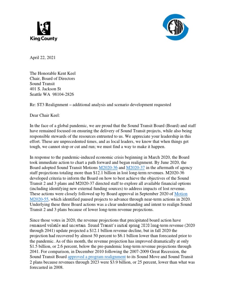 Constantine, Durkan, and Balducci Letter On ST3 Realignment | PDF ...