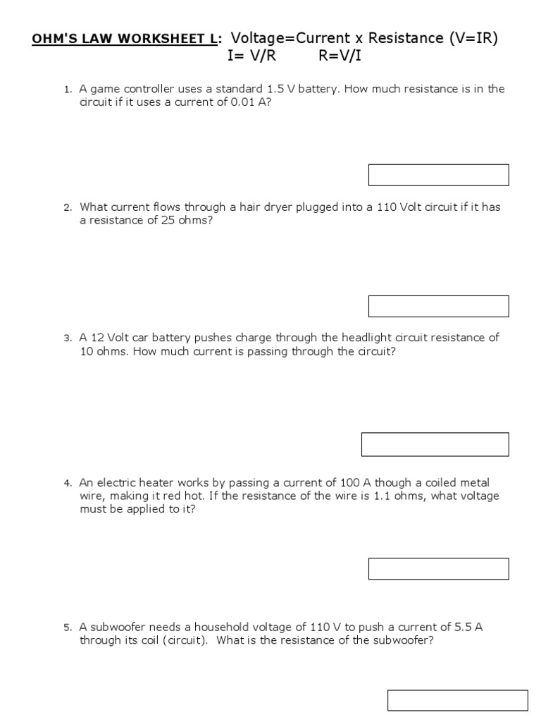 Voltage Current X Resistance (V IR) I V/R R V/I: Ohm'S Law Worksheet L ...