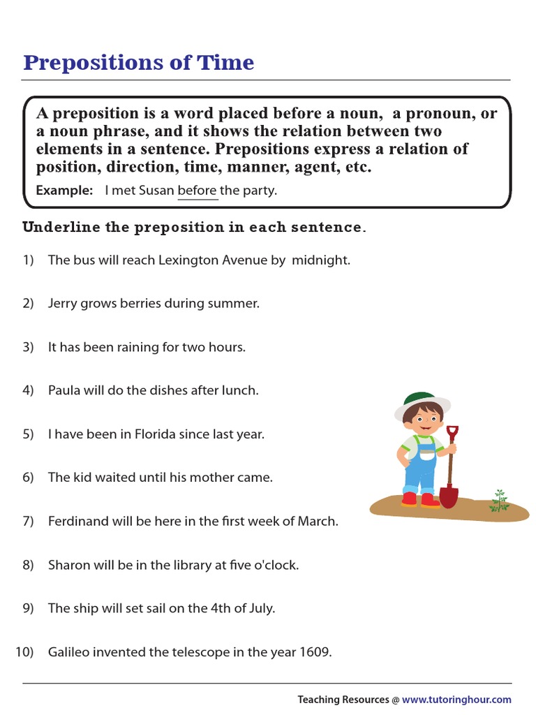 Prepositions of Time: Underline The Preposition in Each Sentence | PDF