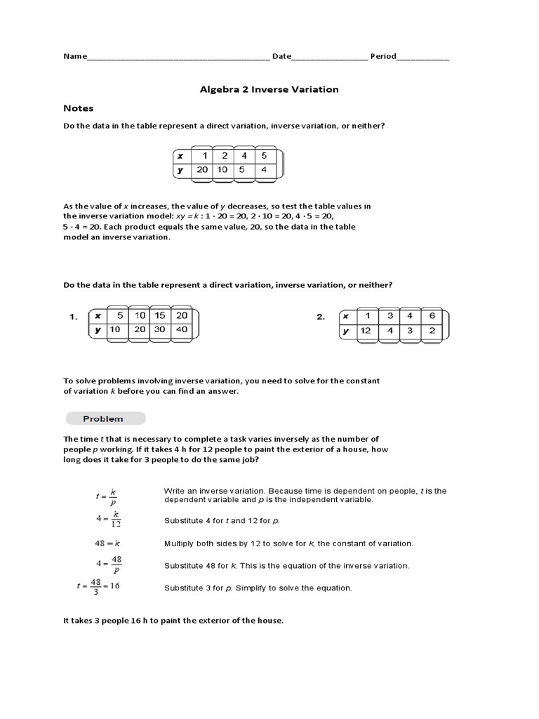 Inverse Variation Worksheet Day 1 and 2 | PDF | Length | Variable ...