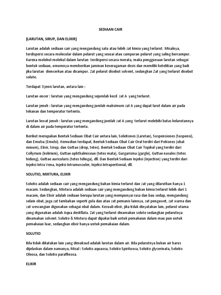 Sediaan Cair (Larutan, Sirup, Dan Elixir) | PDF