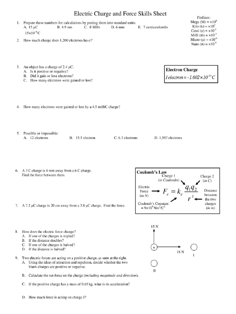 Electric Charge and Forces Skills Sheet | PDF