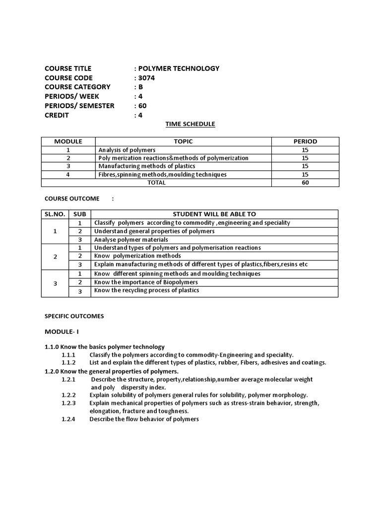 POLYMER TECHNOLOGY SYLLABUS Polytechnic Kerala | PDF | Polymers ...