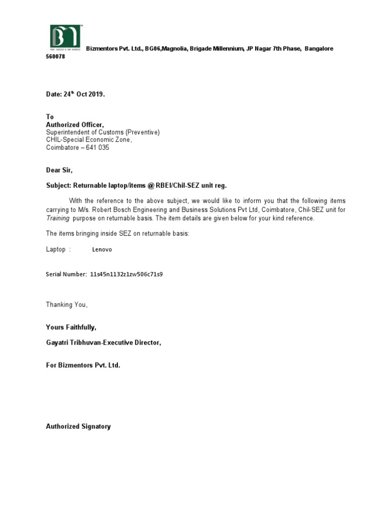 Letter Format For Returnable Items | PDF