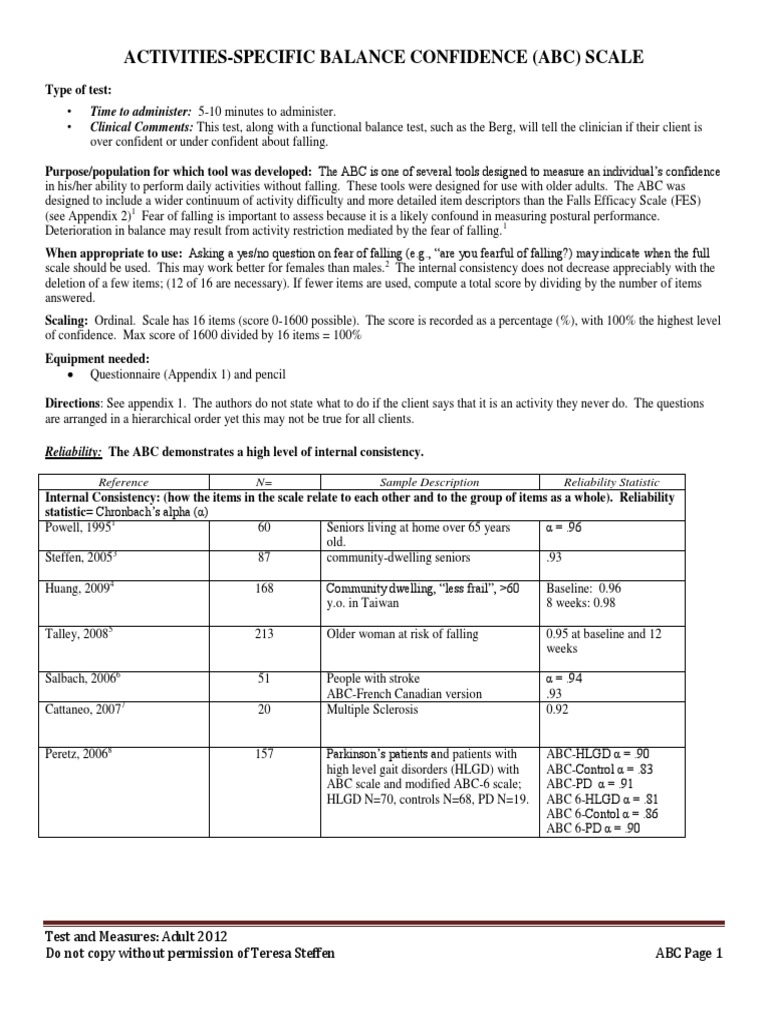 Activities-Specific Balance Confidence (Abc) Scale | PDF | Balance (Ability) | Validity (Statistics)