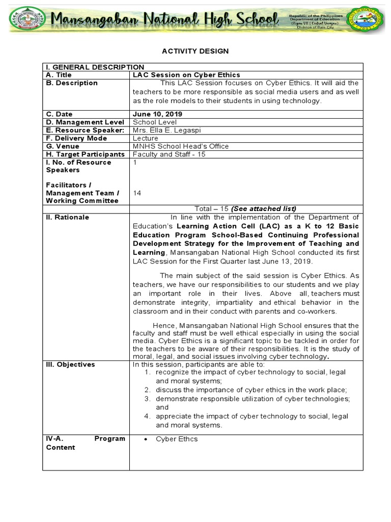 Activity Design Cyber Ethics | PDF | Cyberspace | Teachers