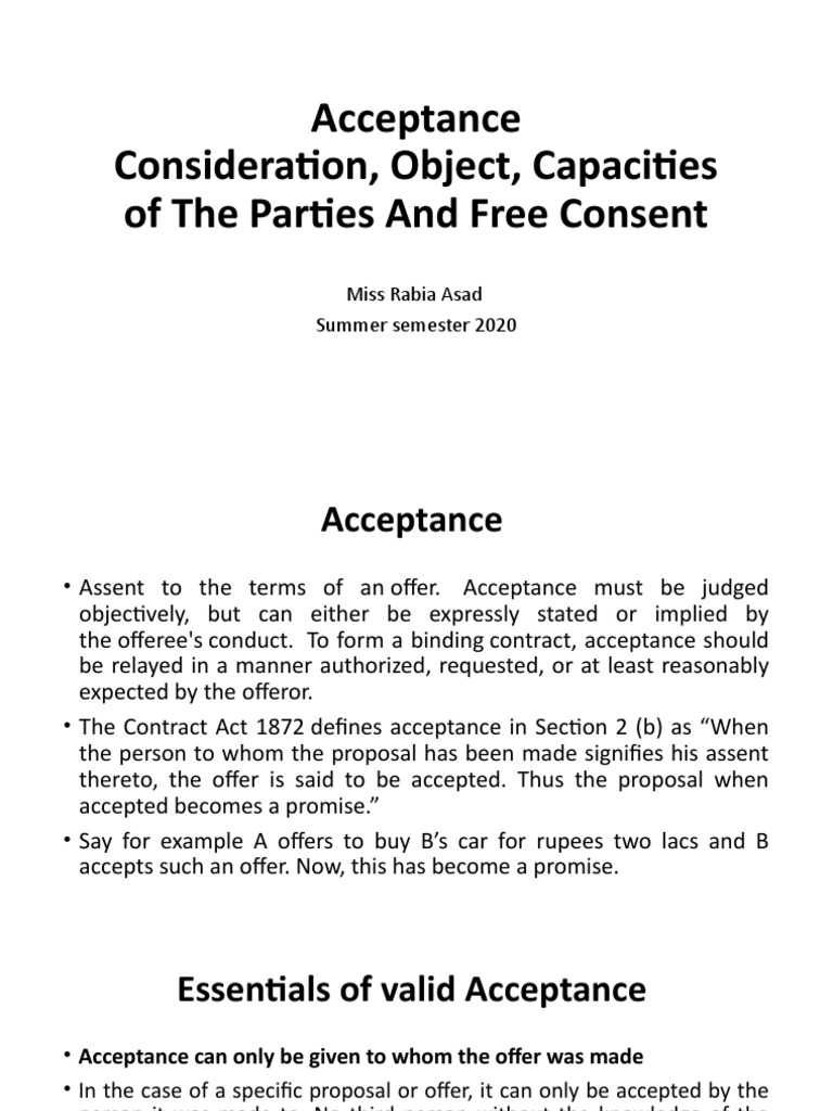 Acceptance Consideration Object Capacities of The Parties and Free ...