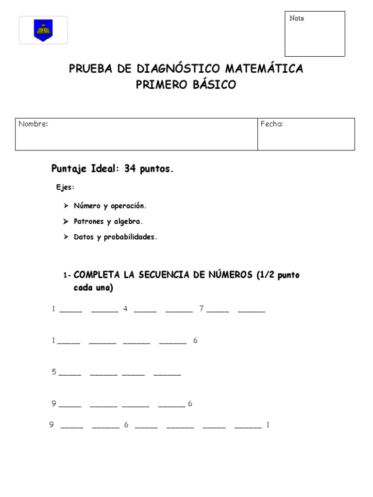 Prueba de Diagnostico de Educacion Matematica Primero Basico | PDF ...