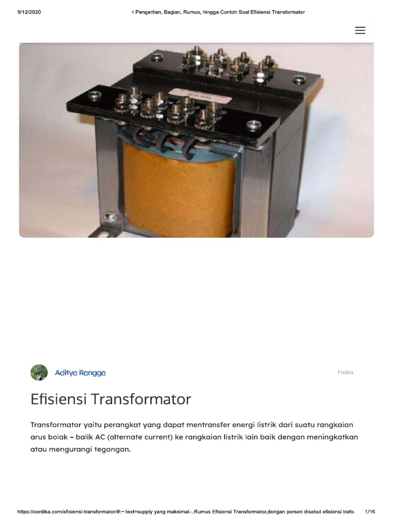 Pengertian, Bagian, Rumus, Hingga Contoh Soal Efisiensi Transformator | PDF