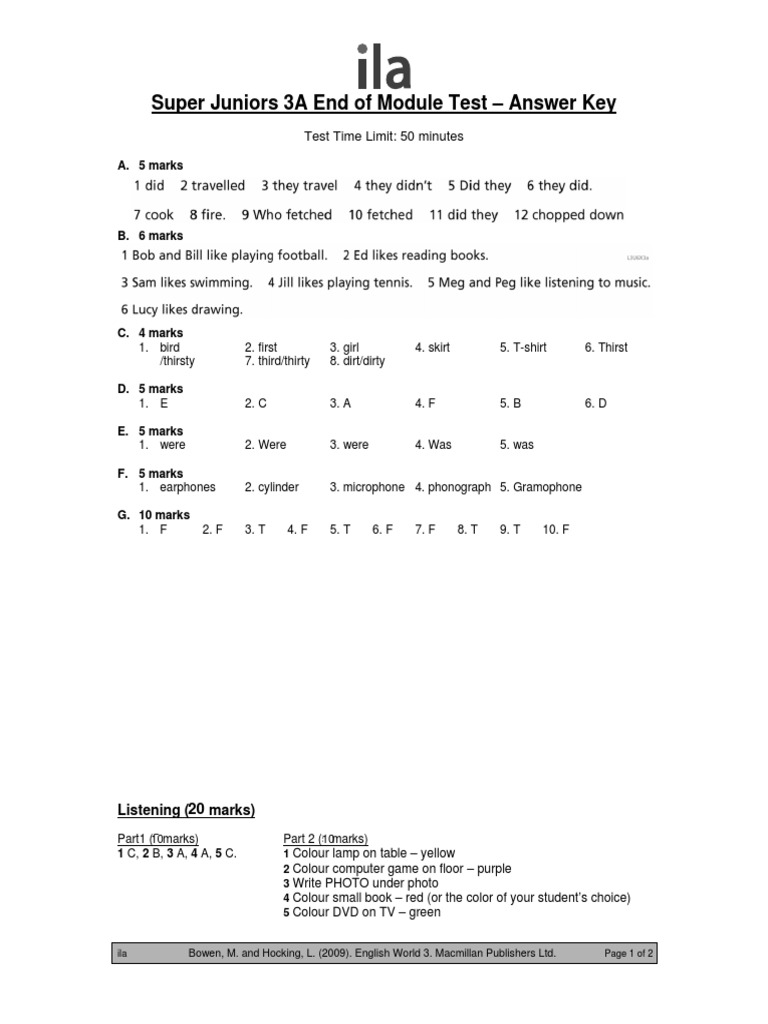 Super Juniors 3A Test Answer Key | PDF