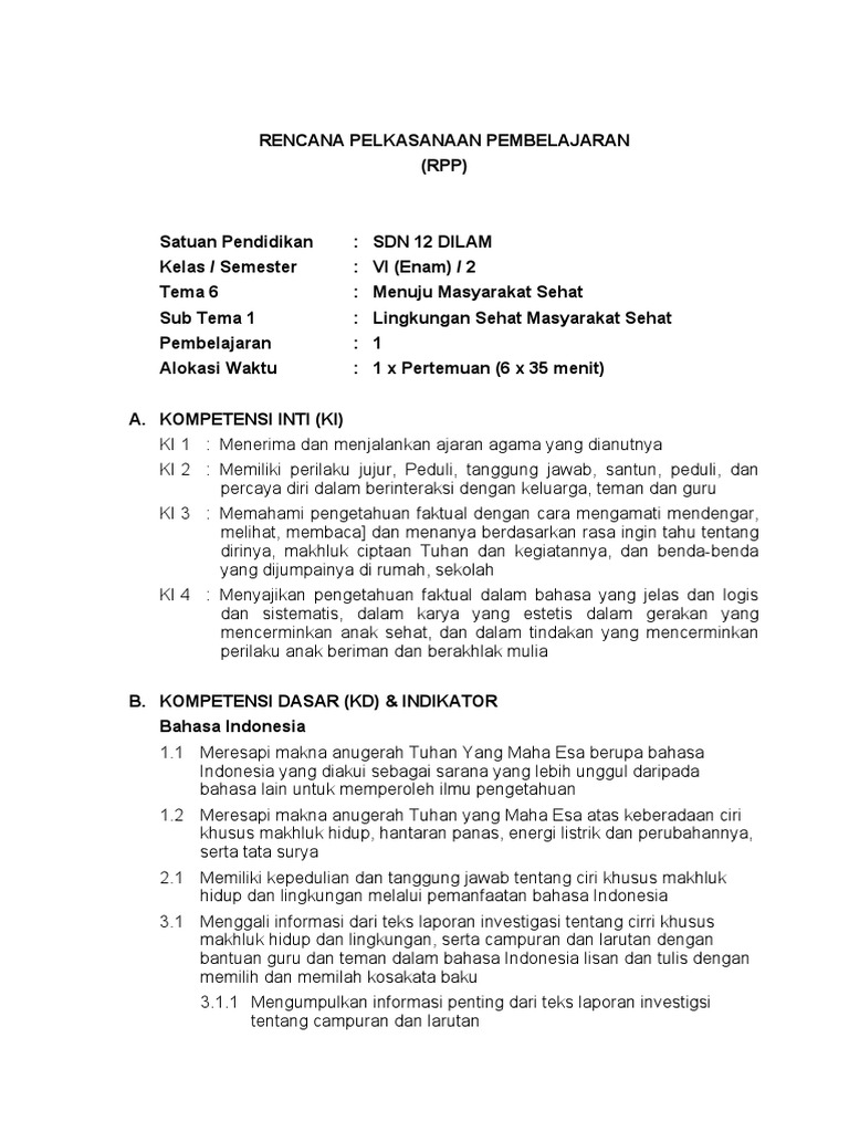 RPP Kelas 6 SD k13 Tema 6 | PDF | Sains & Matematika
