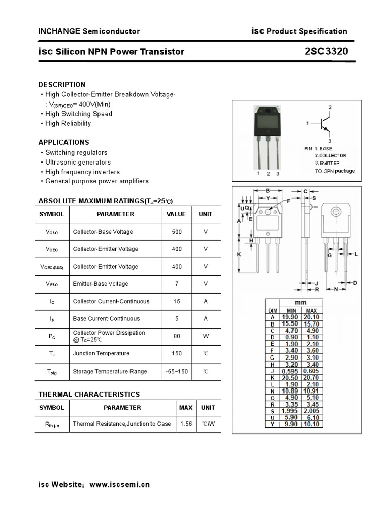 Inchange Semiconductor 2SC3320 Datasheet | PDF | Bipolar Junction ...