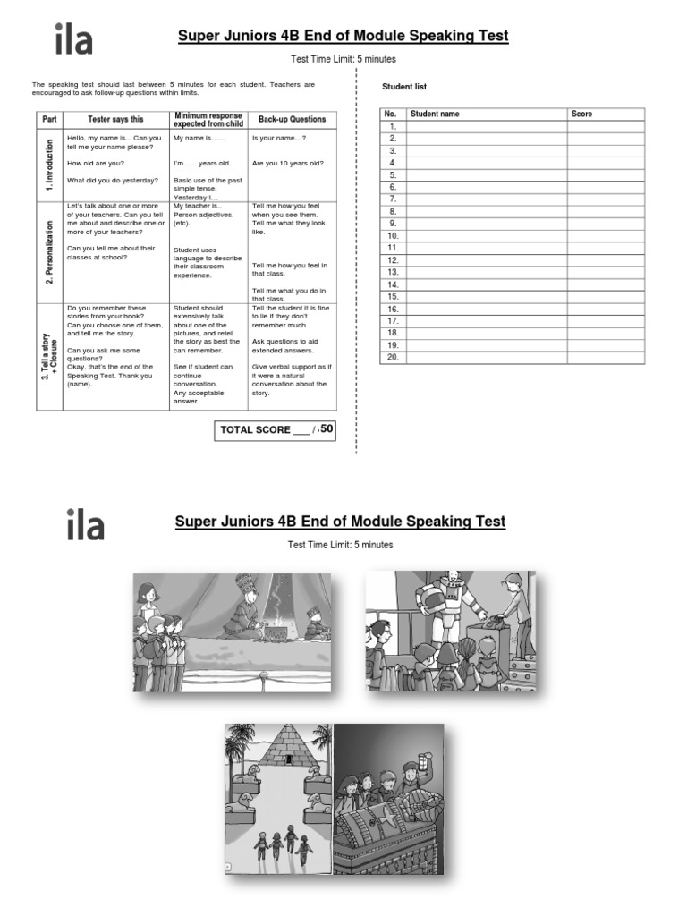 Super Juniors 4B End of Module Speaking Test: Test Time Limit: 5 ...