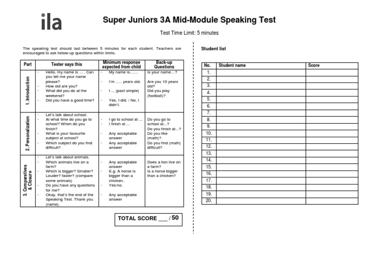 Super Juniors 3A Mid-Module Speaking Test: Test Time Limit: 5 Minutes | PDF