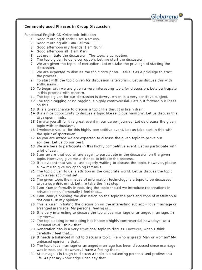Commonly Used Phrases in Group Discussion | PDF