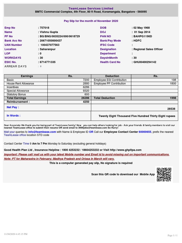November 2020 Payslip for Vishnu Gupta | PDF | Business | Computing And ...
