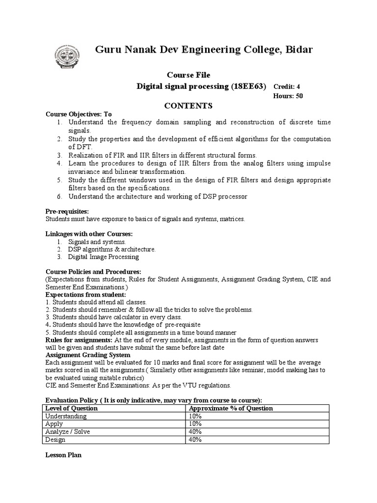 DSP (18EC52) Course File Planning | PDF | Discrete Fourier Transform | Digital Signal Processing