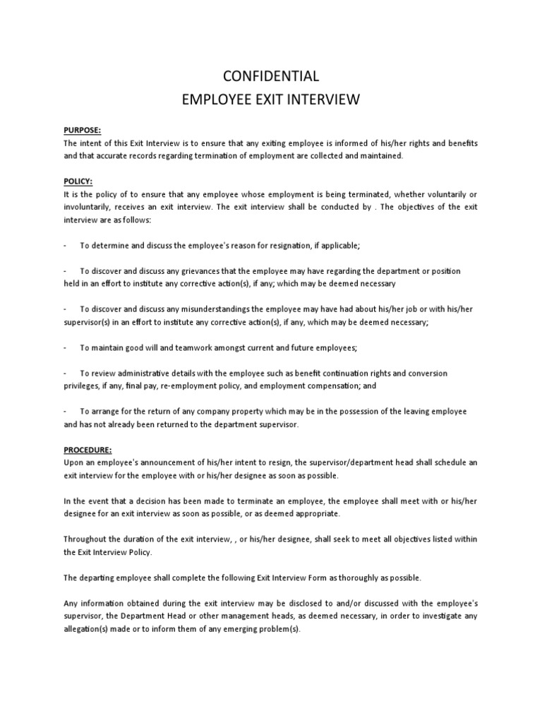 Confidential Employee Exit Interview: Purpose | PDF | Employment | Labor Confidential Employee Exit Interview: Purpose | PDF | Employment | Labor