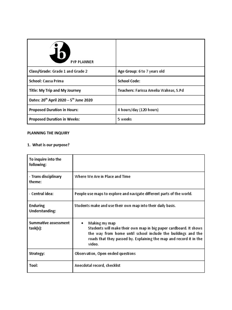 PYP PLANNER (WHERE WE ARE IN PLACE AND TIME) THEME 2020 (Grade 1 and ...