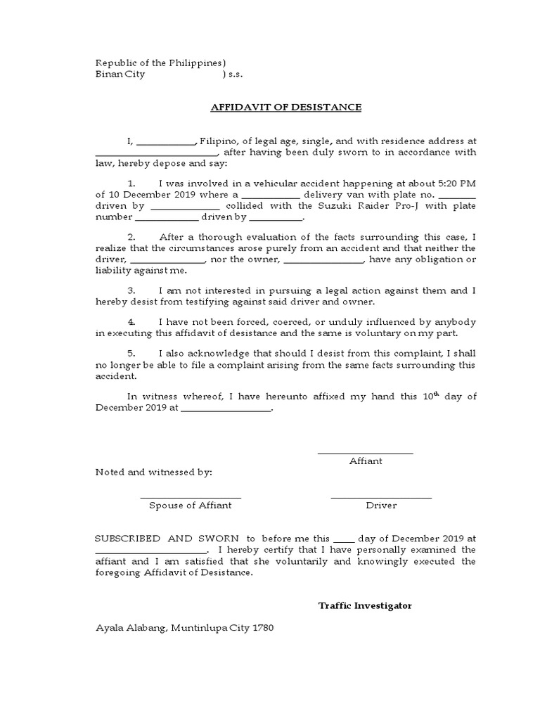 Affidavit of Desistance sample form