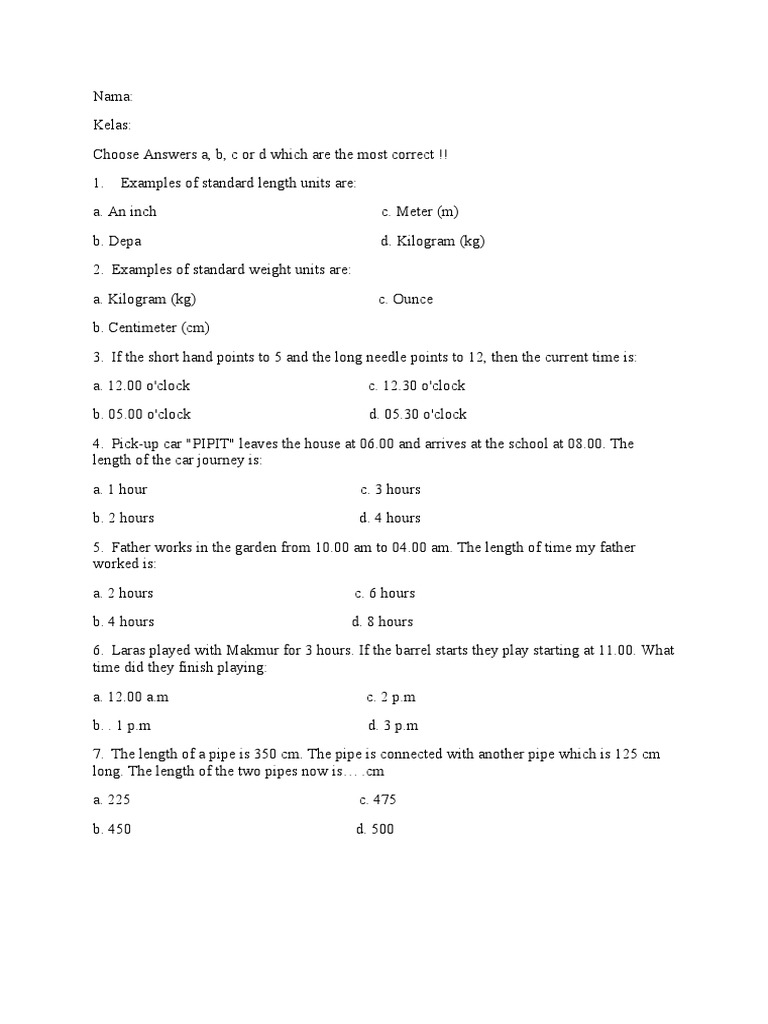 Standard Units, Time, Length & Weight Quiz | PDF | Quantity | Units Of ...