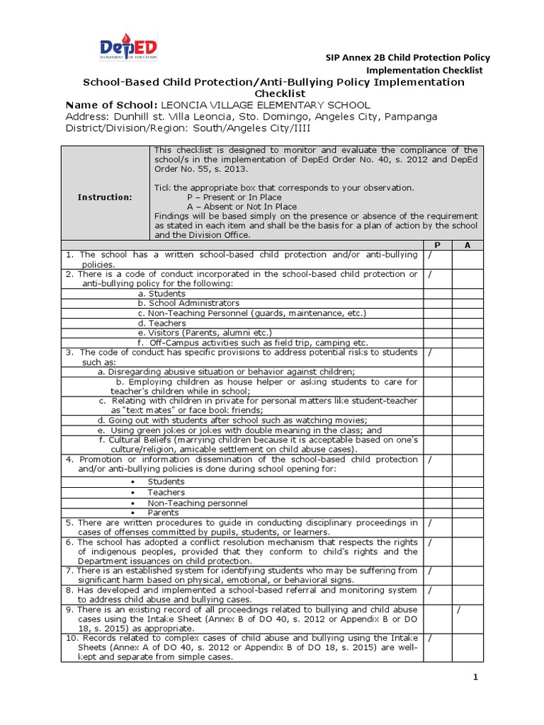 SIP Annex 2B Child Protection Policy Implementation Checklist | PDF ...