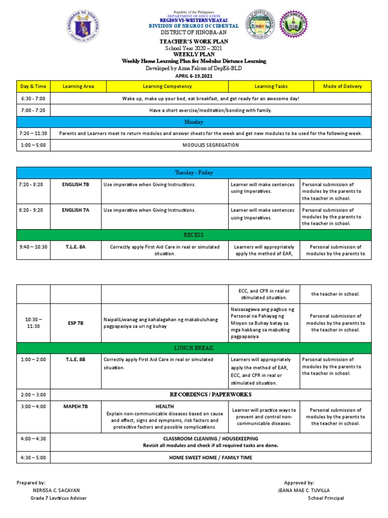 Teacher'S Work Plan Weekly Plan Weekly Home Learning Plan For Modular ...