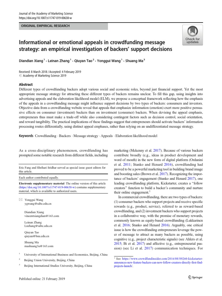 Informational or Emotional Appeals in Crowdfunding Message Strategy: An ...