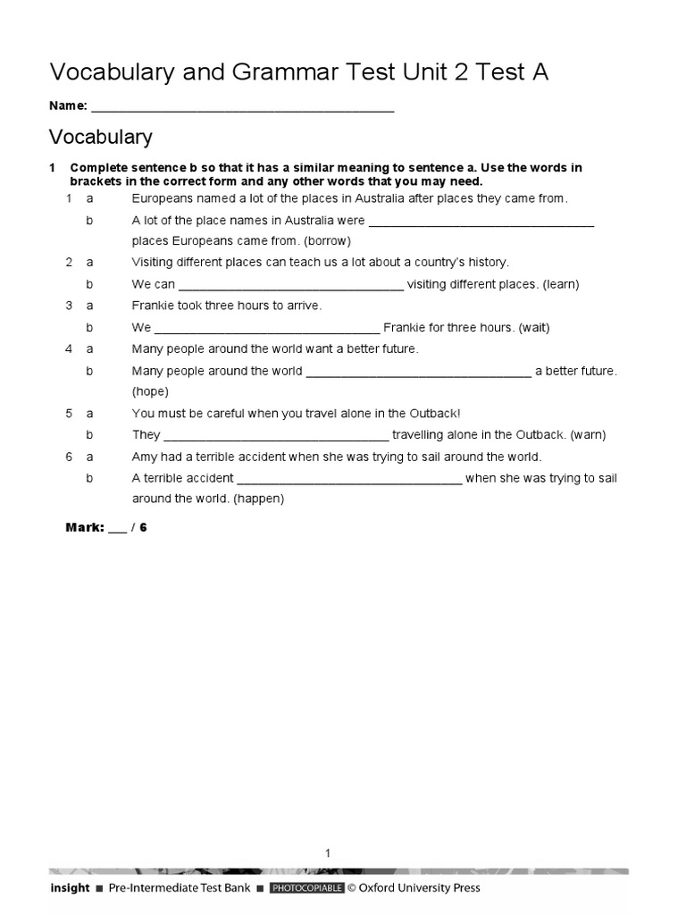 Vocabulary + Grammar Unit 2 Test A | PDF | Grammar | Linguistics
