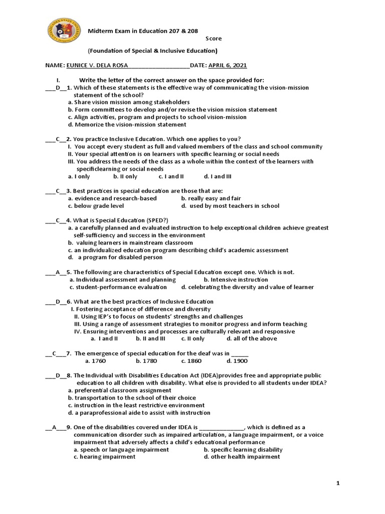 Midterm Exam in Education 208 | PDF | Special Education | Inclusion ...