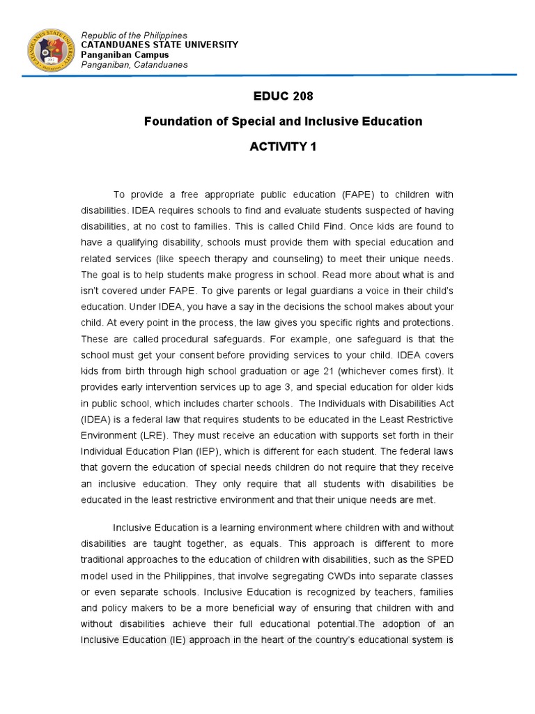 Educ 208 Analysis Activity 1 | PDF | Inclusion (Education) | Special Education