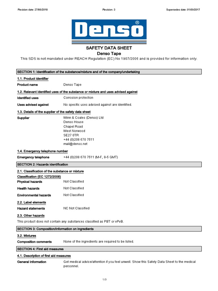 Safety Data Sheet Denso Tape | PDF | Dangerous Goods | Toxicity