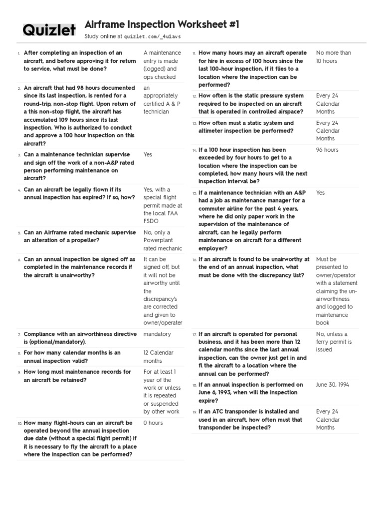 Airframe Inspection Worksheet #1 | PDF | Aviation | Aircraft