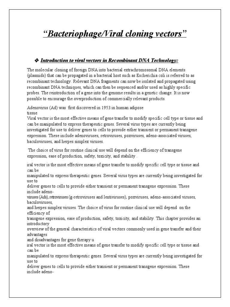 Bacteriophage and Viral Cloning Vectors | PDF | Molecular Cloning | Plasmid