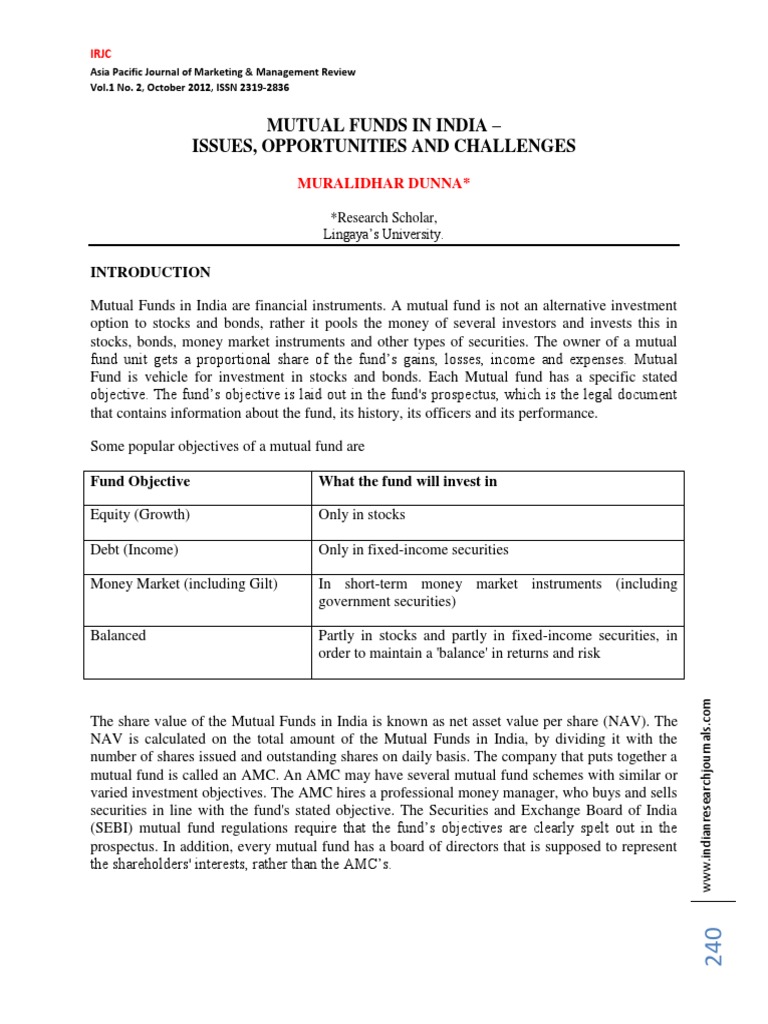 Mutual Funds Issues and Challenges-1 | PDF | Mutual Funds | Investment Fund