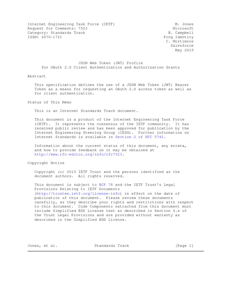 JSON Web Token (JWT) Profile For OAuth 2.0 Client Authentication and Authorization Grants | PDF ...